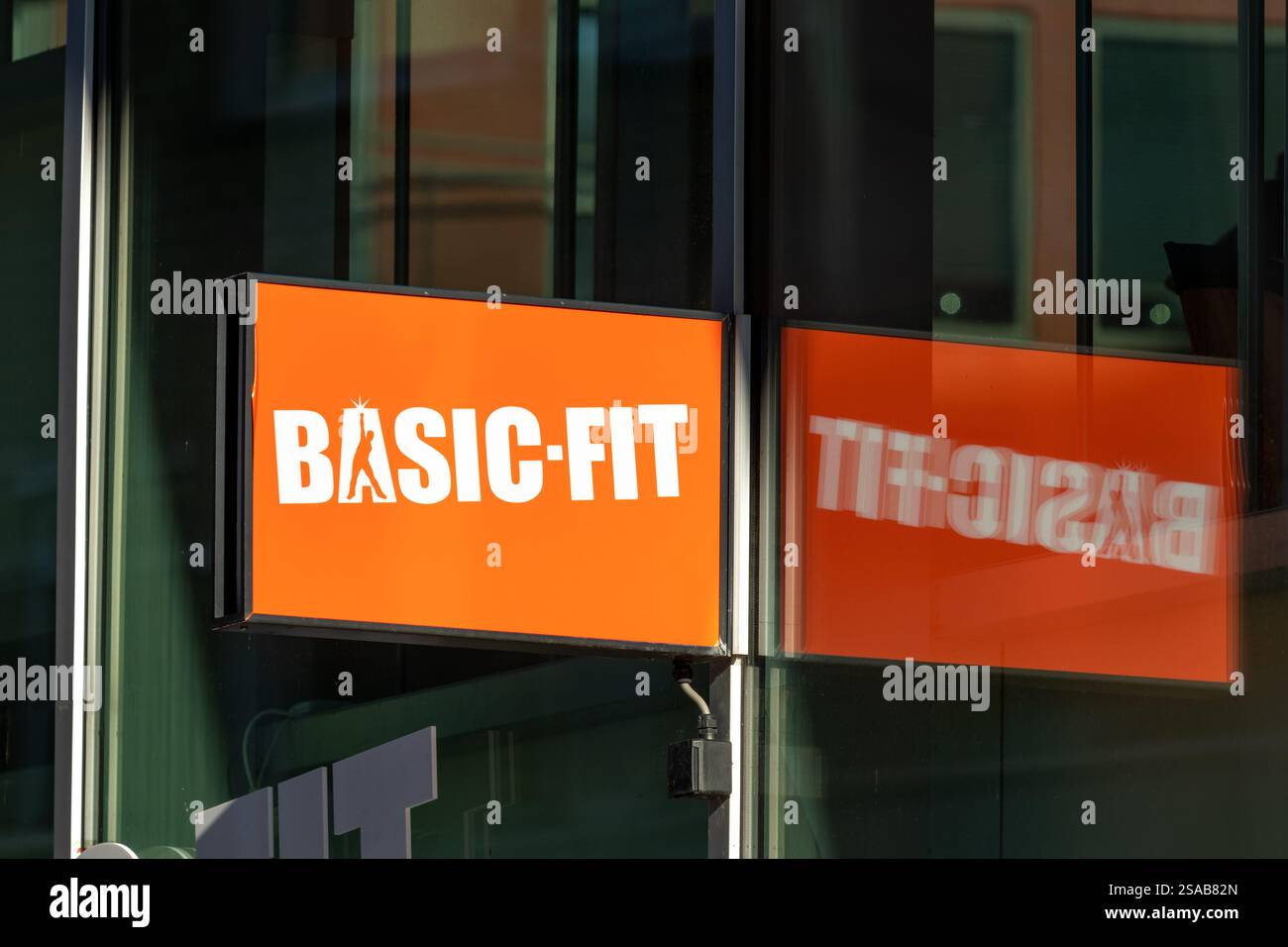 Basic-Fit logo at the gym. Basic-Fit is the largest fitness chain in ...