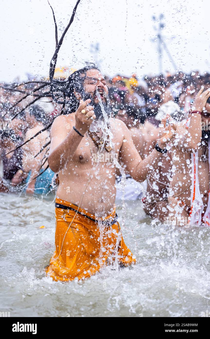 Mahakumbh, Group of holy naga sadhu baba taking holy dip at sangam in ...
