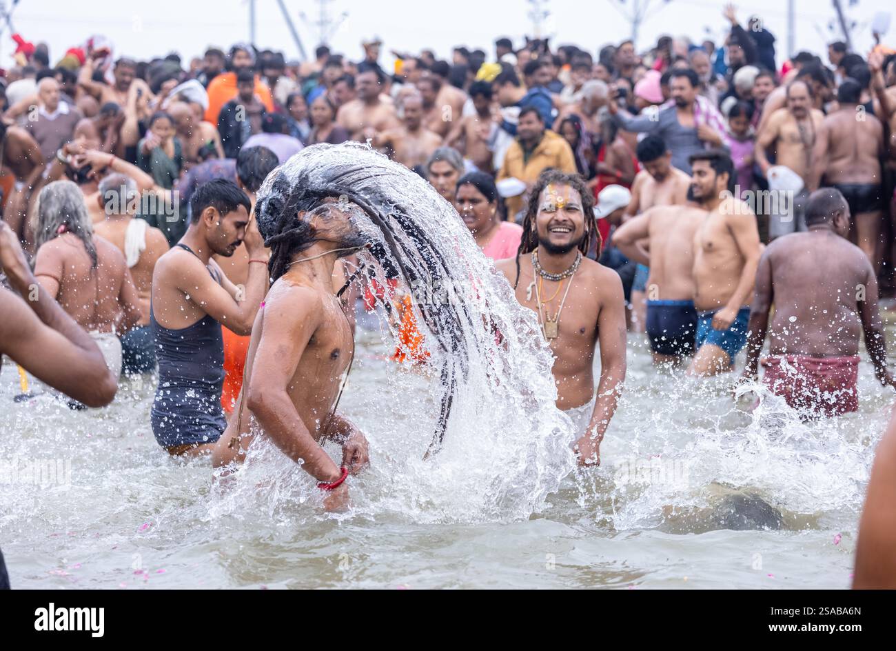 Mahakumbh, Group of holy naga sadhu baba taking holy dip at sangam in ...
