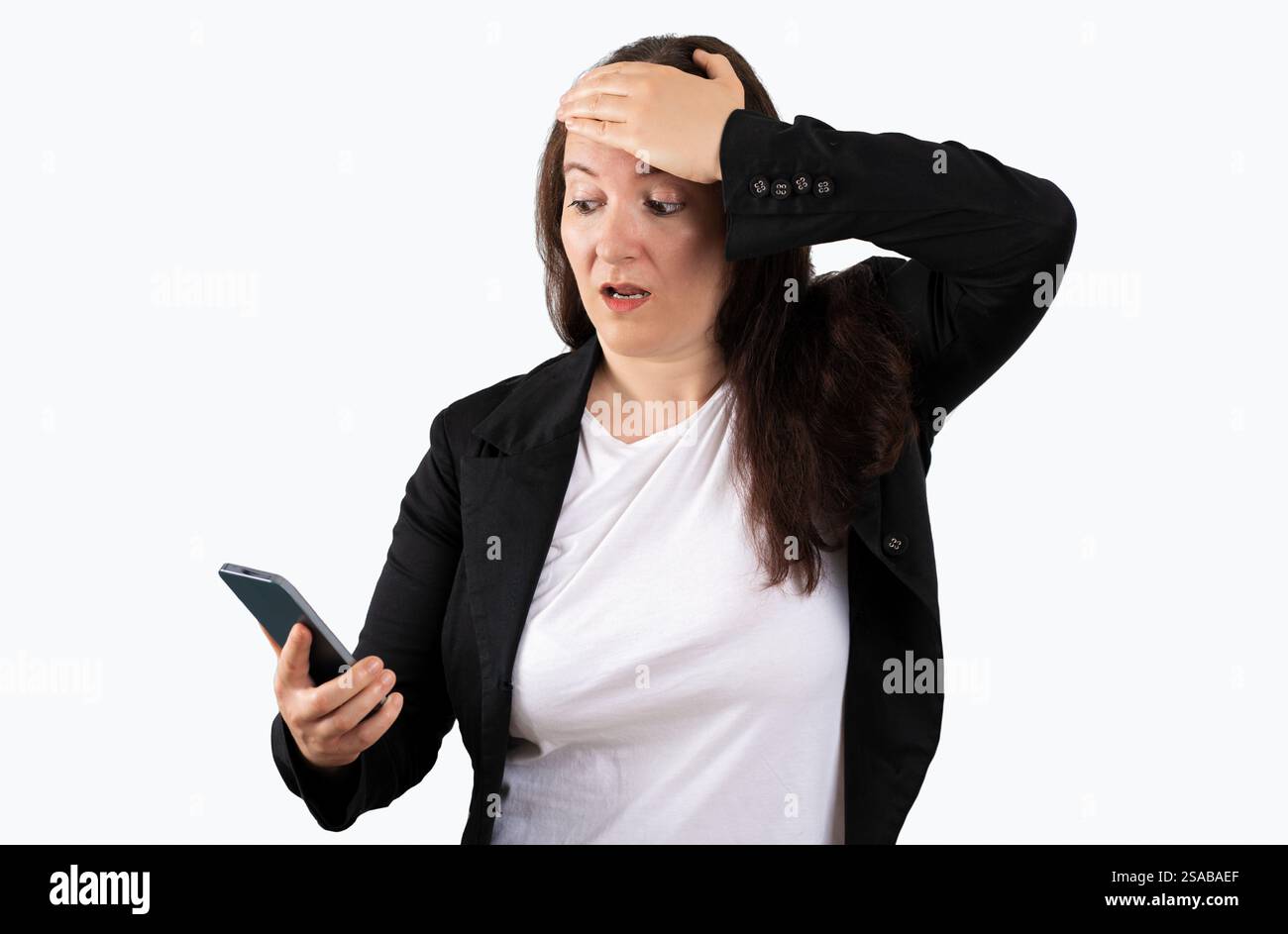 Business woman texting using smartphone over isolated white background ...