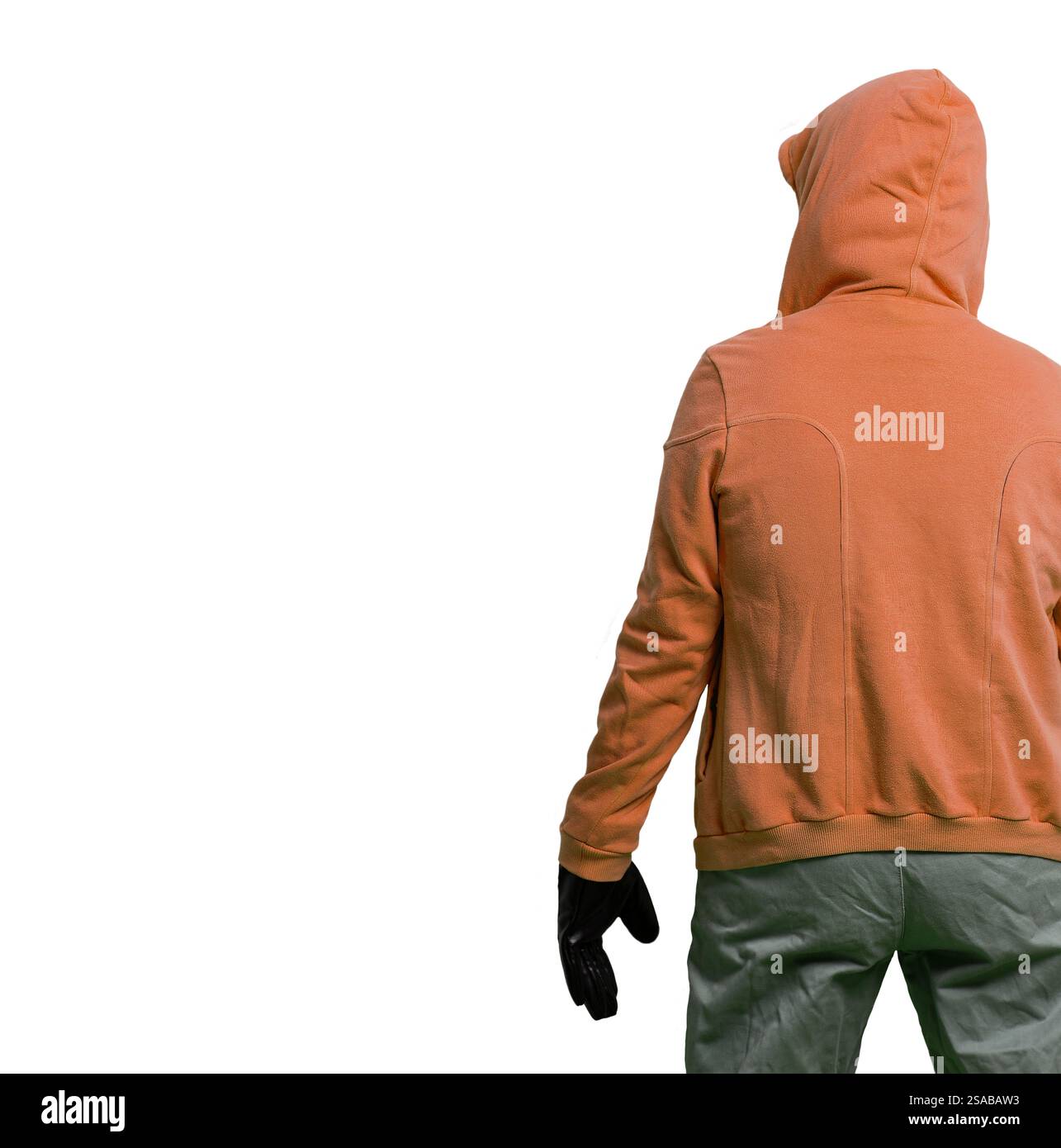 rear view of a thief or a hacker in hood on white background and copy ...