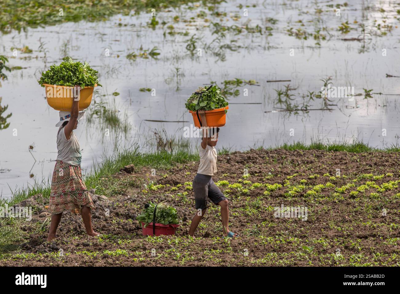 Madagascar rising floodwaters Young and old family members work ...