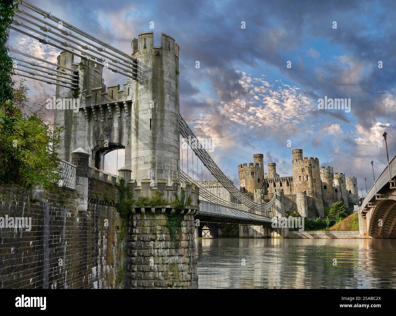 The exterior battlements and turrets of medieval Conwy Castle built ...