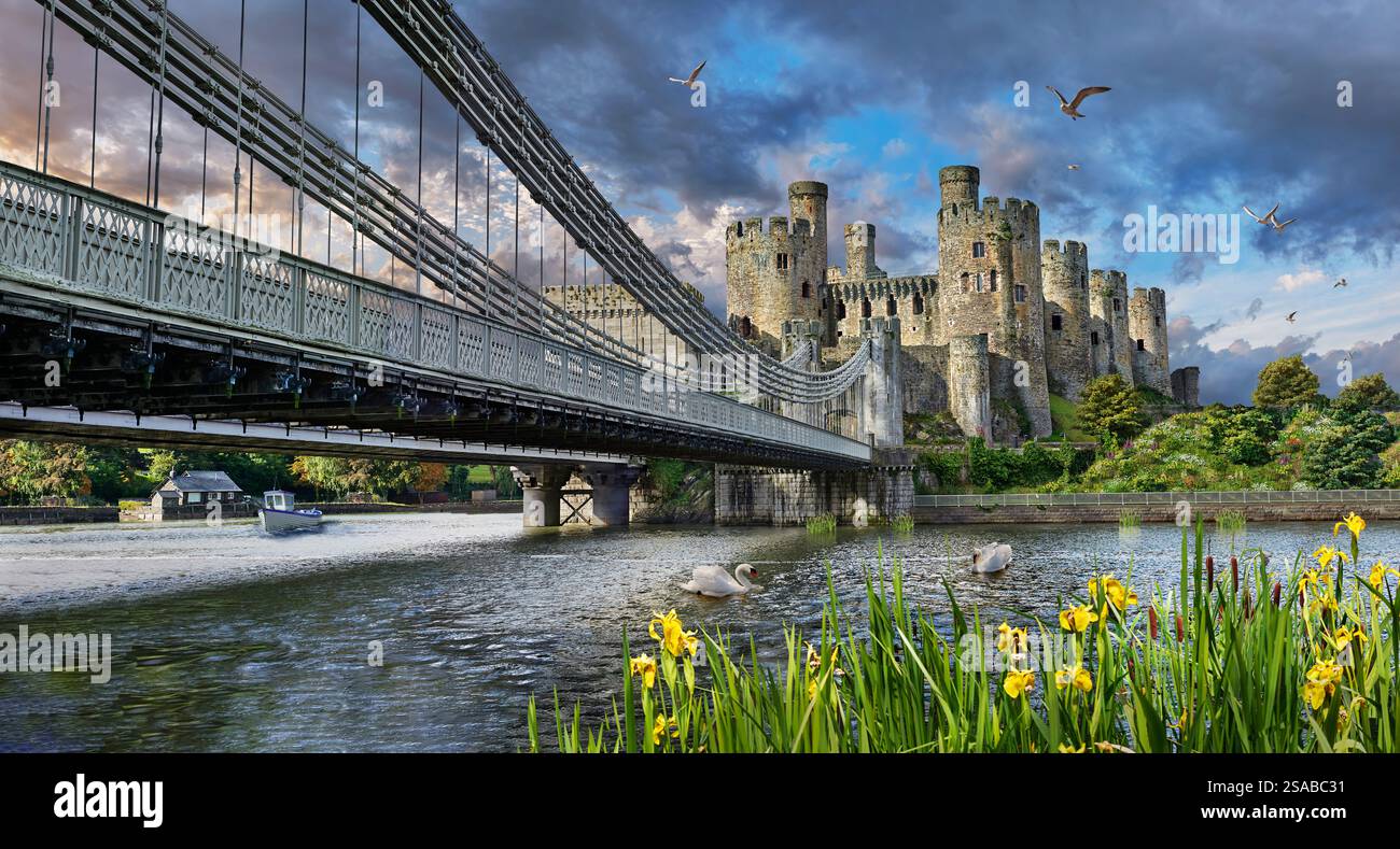 The exterior battlements and turrets of medieval Conwy Castle built ...