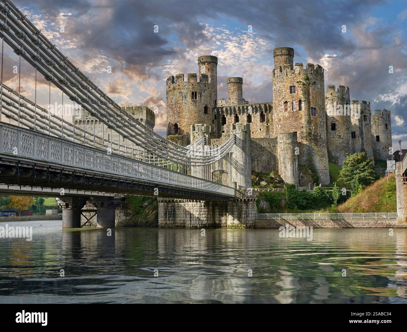 The exterior battlements and turrets of medieval Conwy Castle built ...