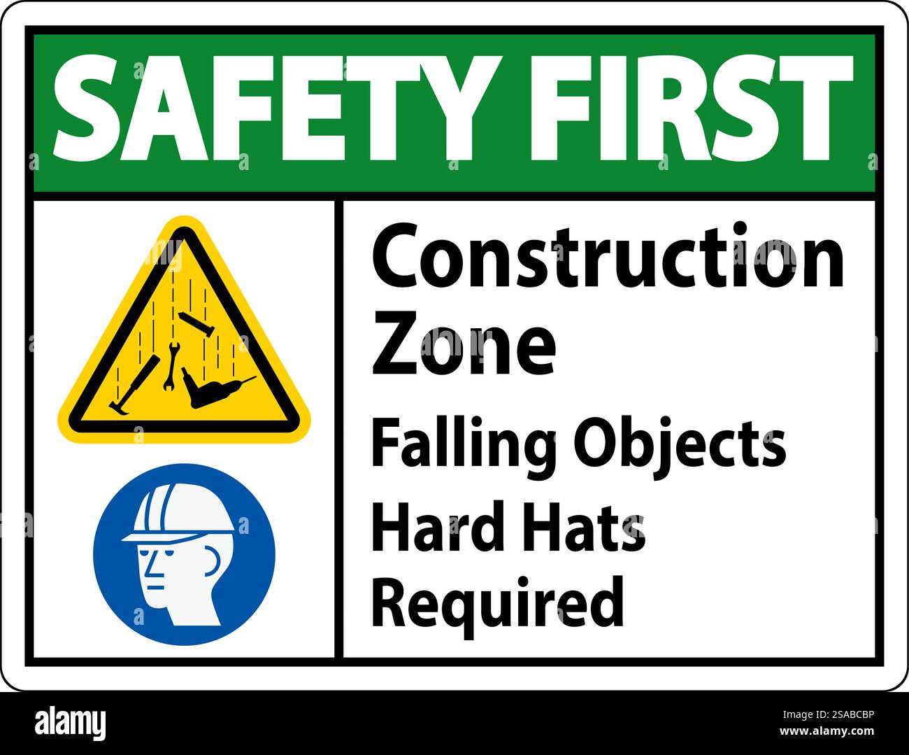Safety First Sign, Construction Zone, Falling Objects Hard Hats ...