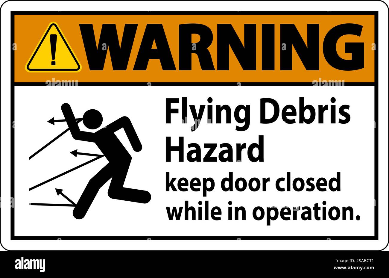 Warning sign indicating the risk of flying debris, advising to keep the ...