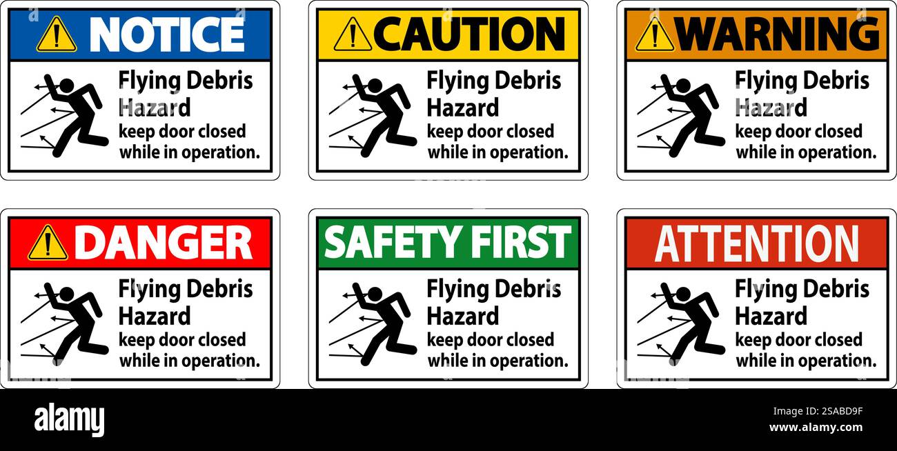 Warning sign indicating the risk of flying debris, advising to keep the ...