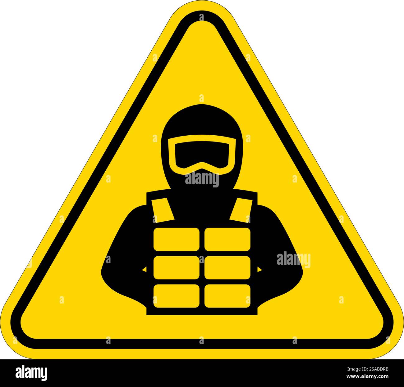 This image depicts a caution sign featuring a figure in protective gear ...