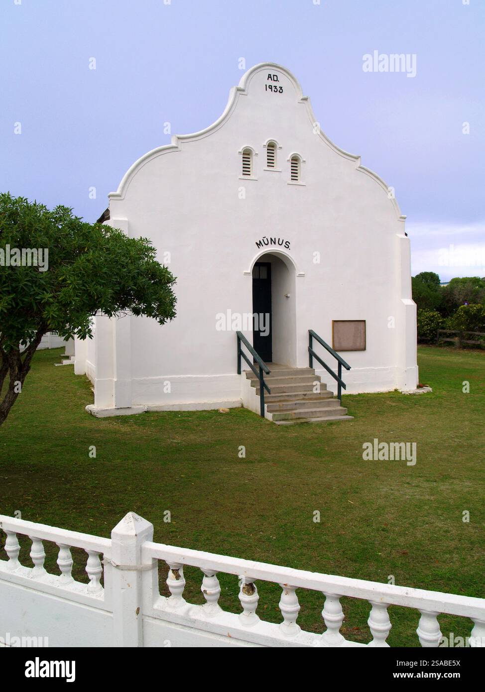 A 1930's Cape Dutch style chapel near Arniston, South Africa. A ...