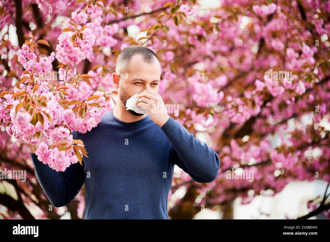 Man allergic suffering from seasonal allergy at spring in blossoming ...