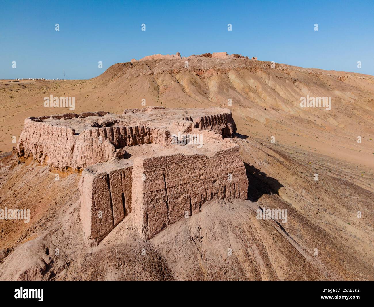 Close-up view of Silk Road desert fort Ayaz Kala III in front of Ayaz ...