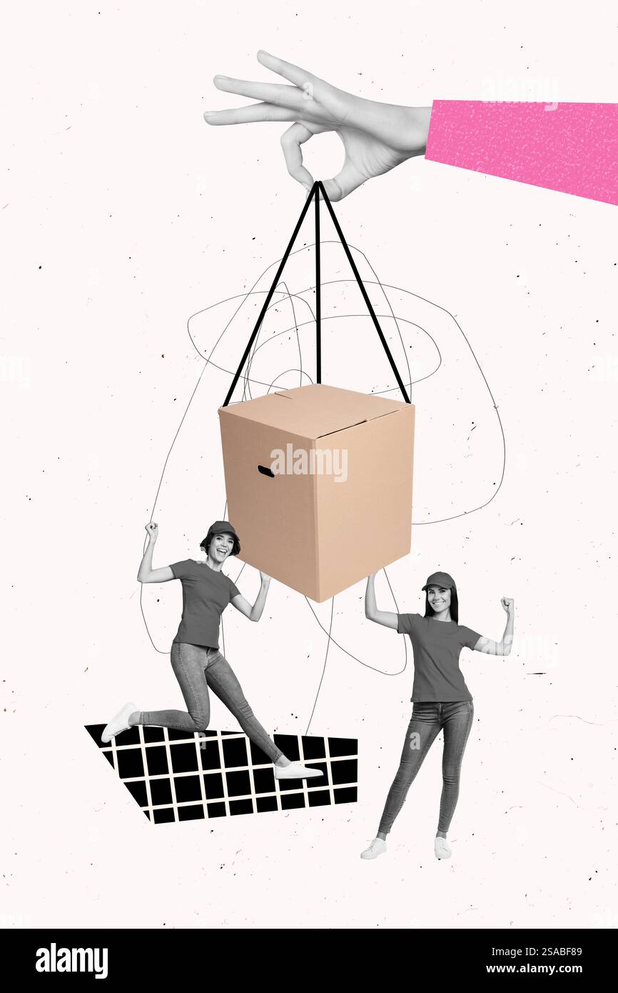3d poster trend photo collage of two excited girls postal workers hand ...