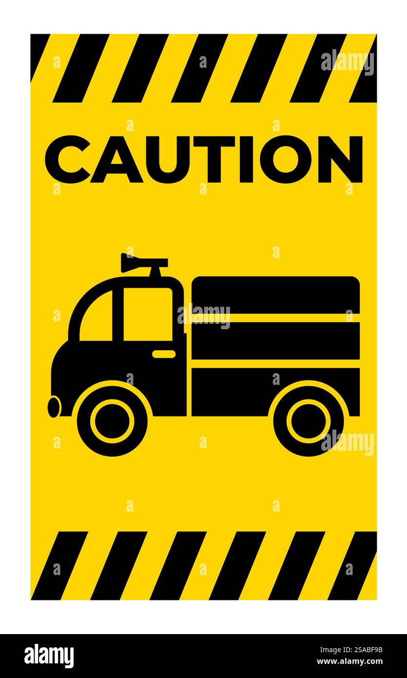 A bold caution sign featuring a truck illustration on a vibrant yellow ...