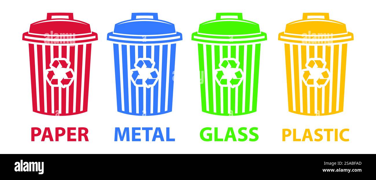 Four colorful recycling bins labeled for paper, metal, glass, and ...