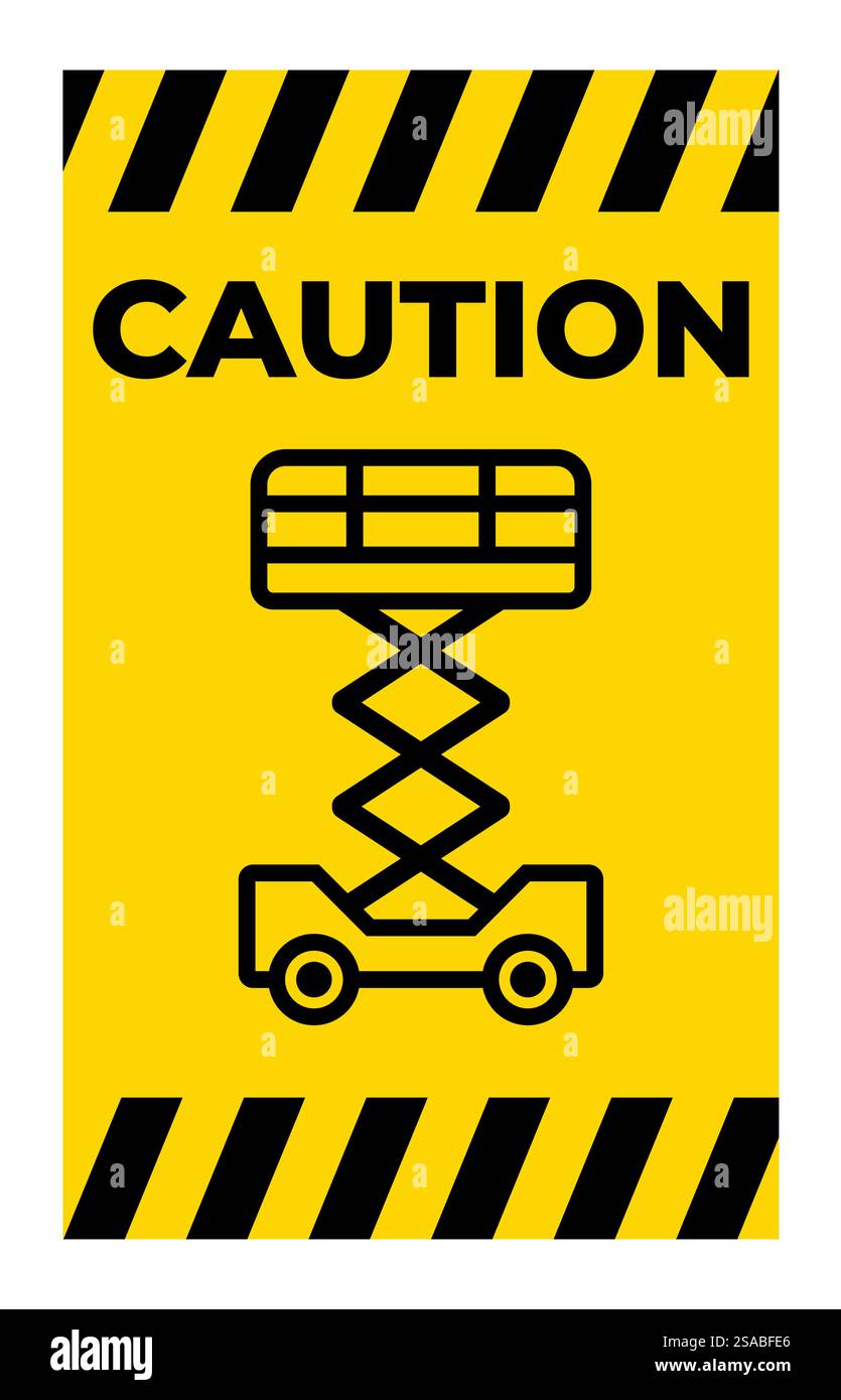 This graphic features a caution sign with a scissor lift illustration ...