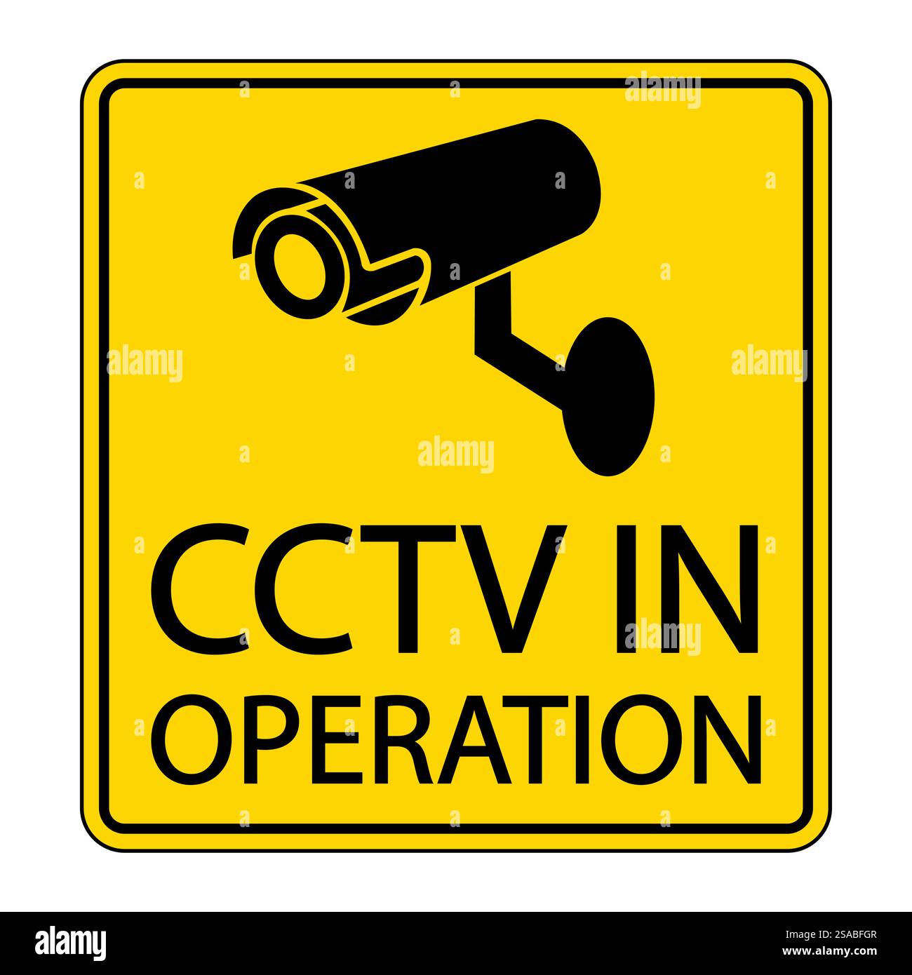 A bright yellow warning sign featuring a CCTV camera icon with the text ...