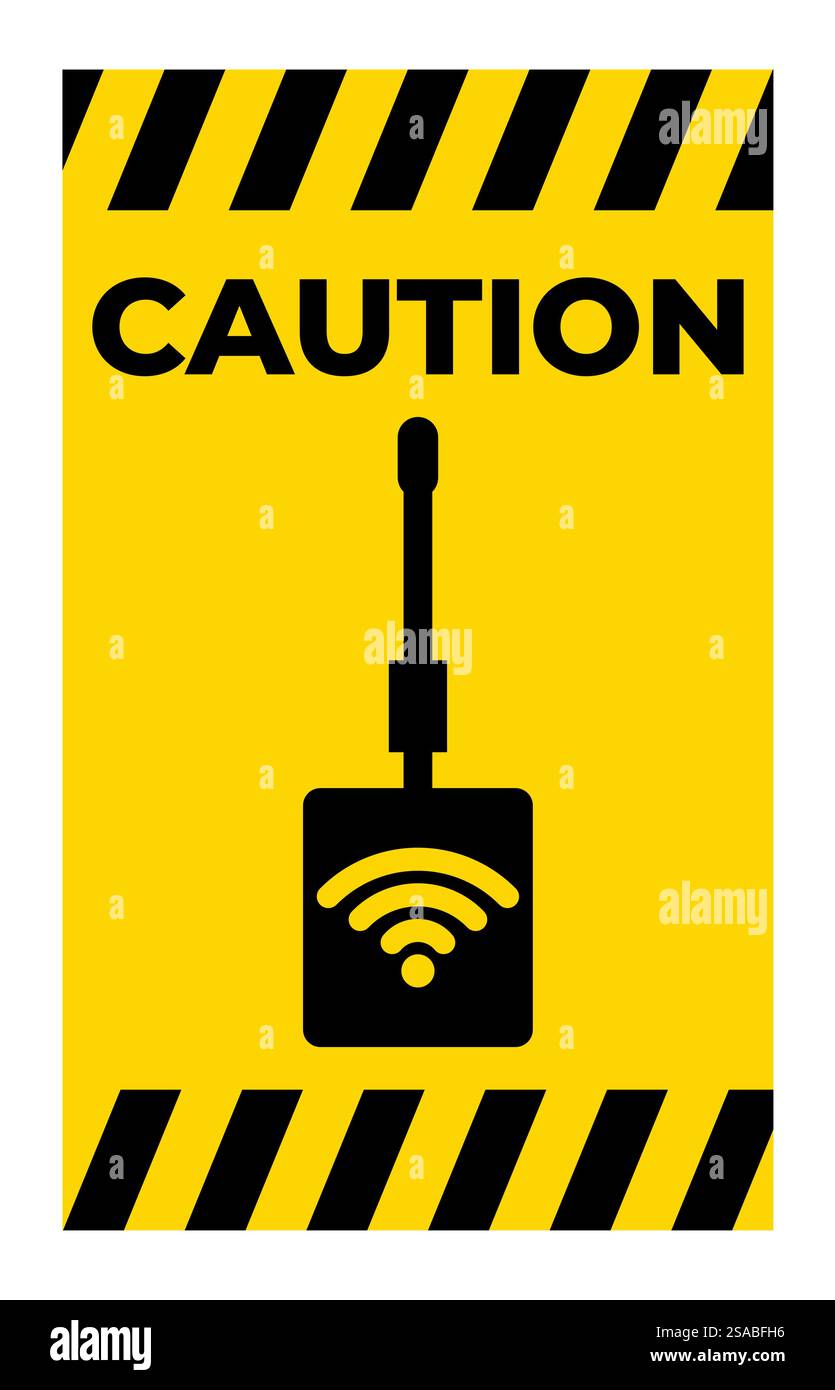 A caution sign featuring a wireless signal symbol and bold text. The ...
