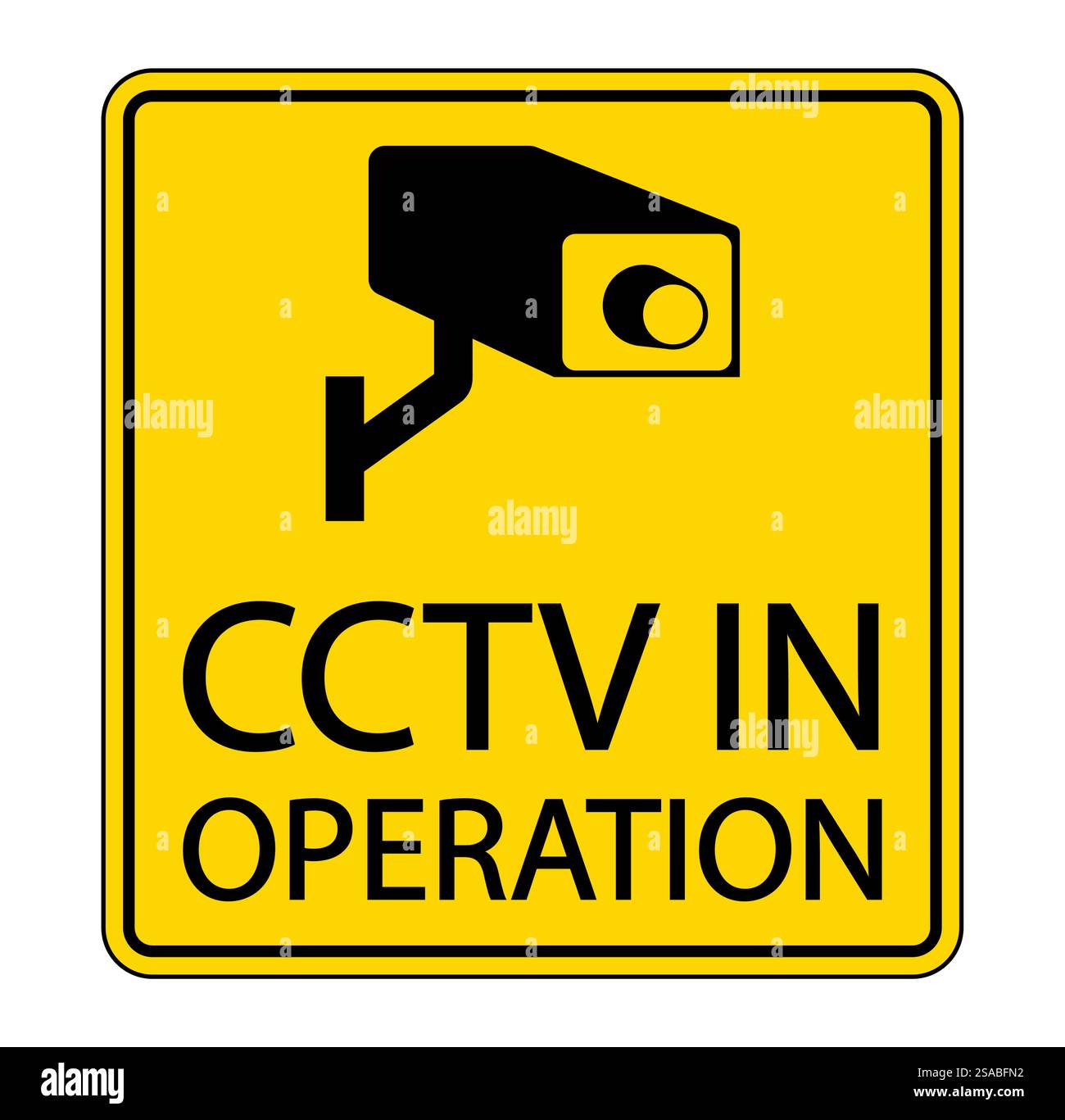 A bright yellow warning sign featuring a CCTV camera icon with the text ...
