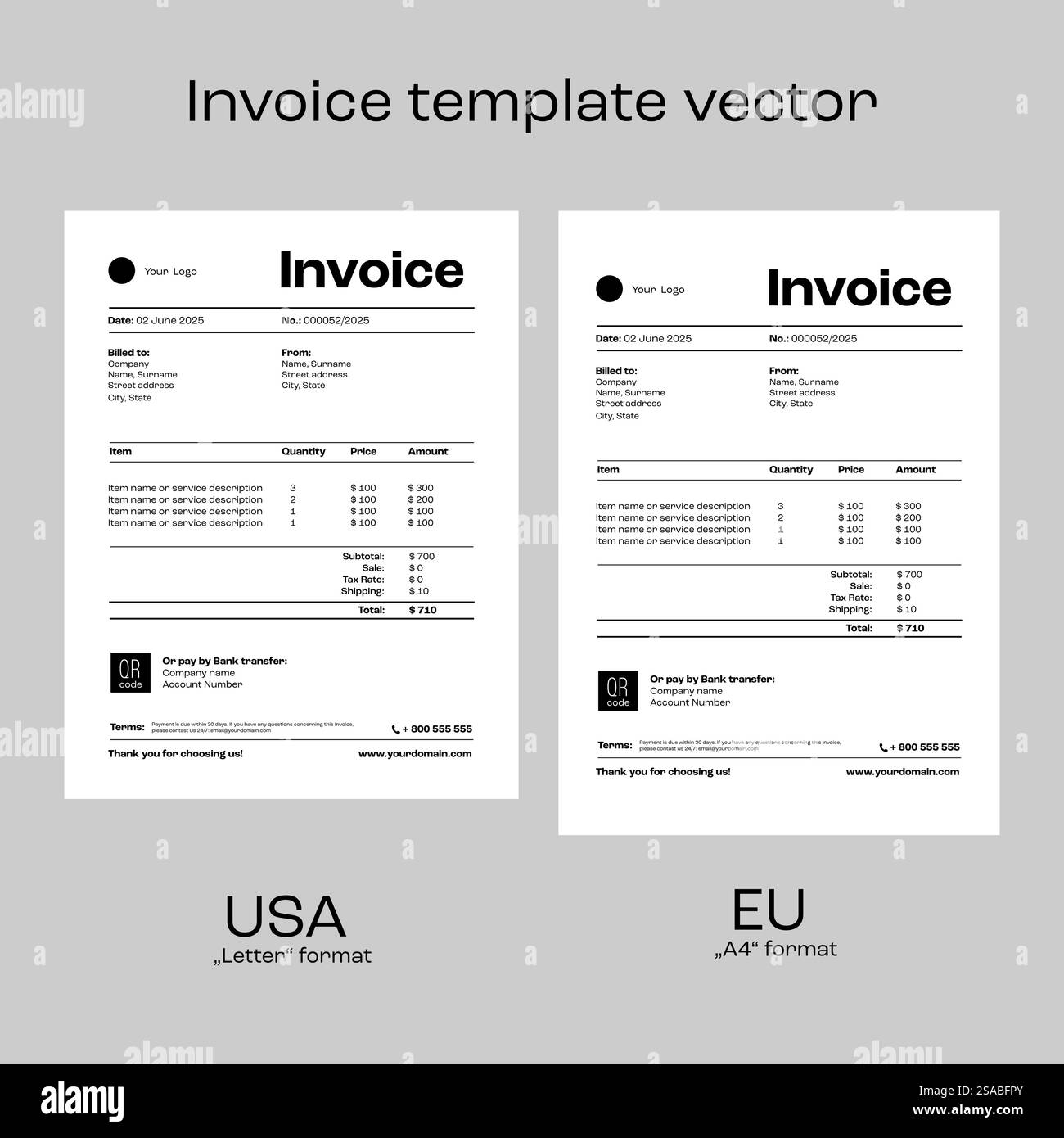 Invoice template set American and European Stock Vector Image & Art - Alamy