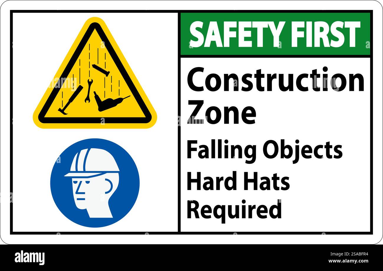 Safety First Sign, Construction Zone, Falling Objects Hard Hats ...