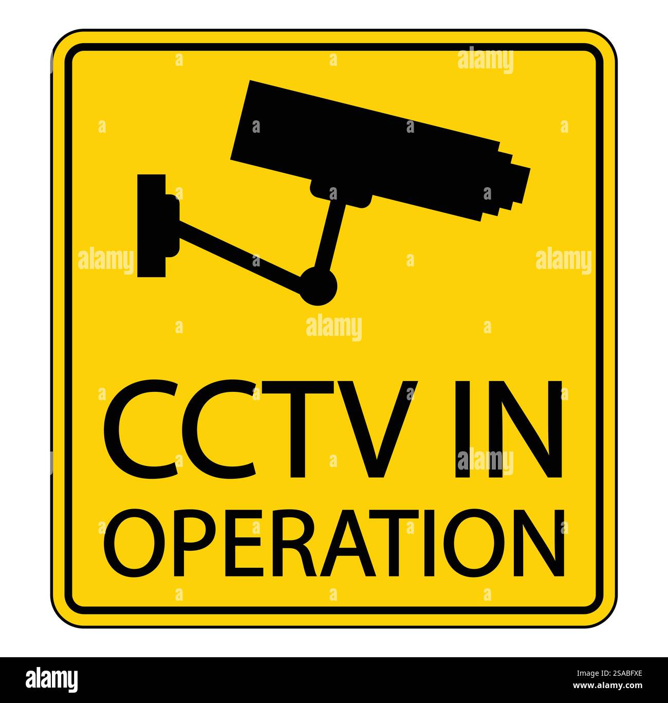 A bright yellow warning sign featuring a CCTV camera icon with the text ...