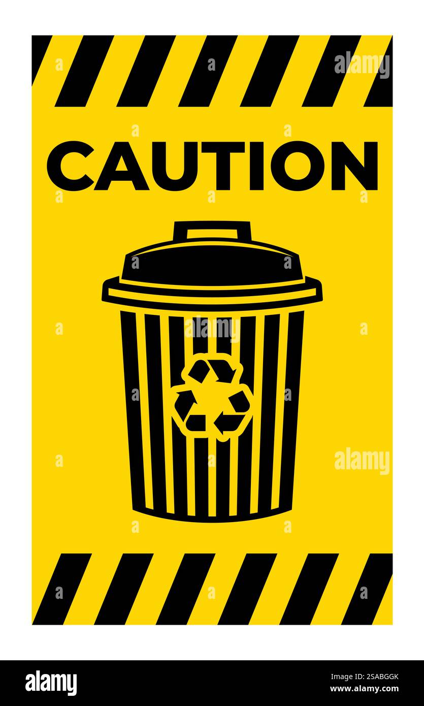This caution sign features a recycling bin icon on a bright yellow ...