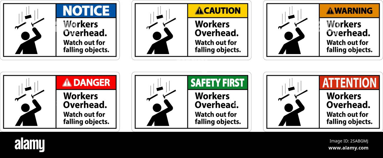 Warning Falling Debris Sign, Workers Overhead Falling Objects Stock ...