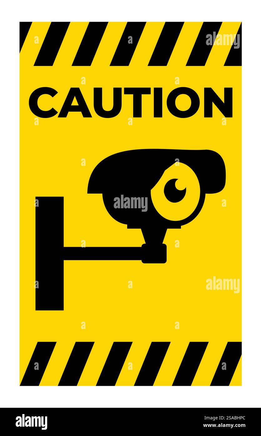 A bright yellow caution sign featuring a surveillance camera icon ...