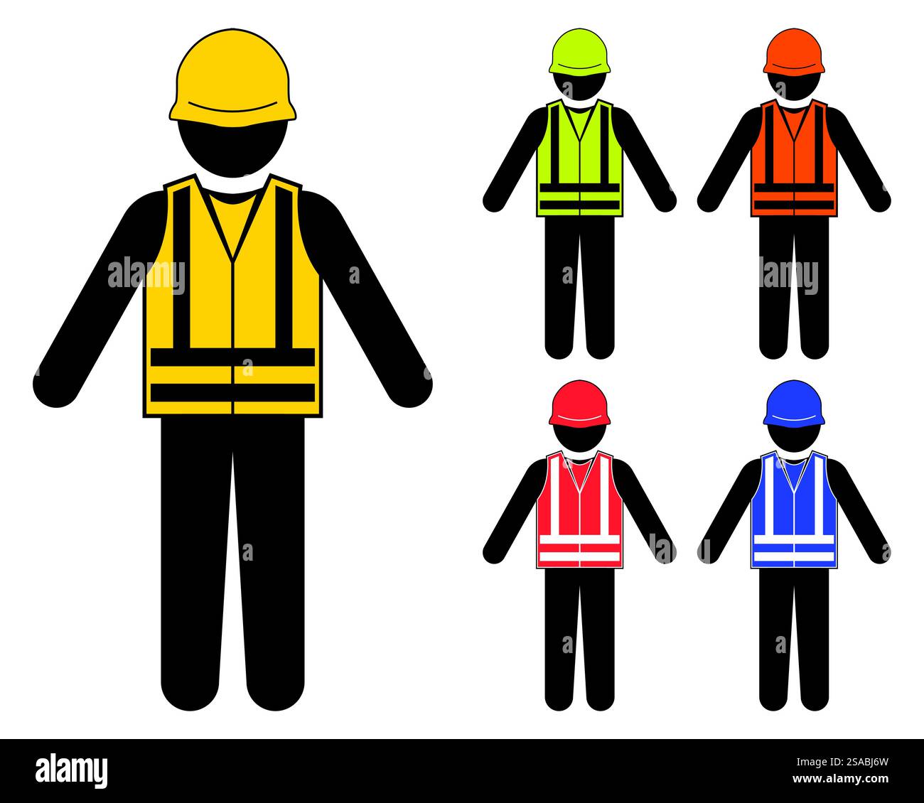 Set of construction worker icons displaying various colors for vests ...