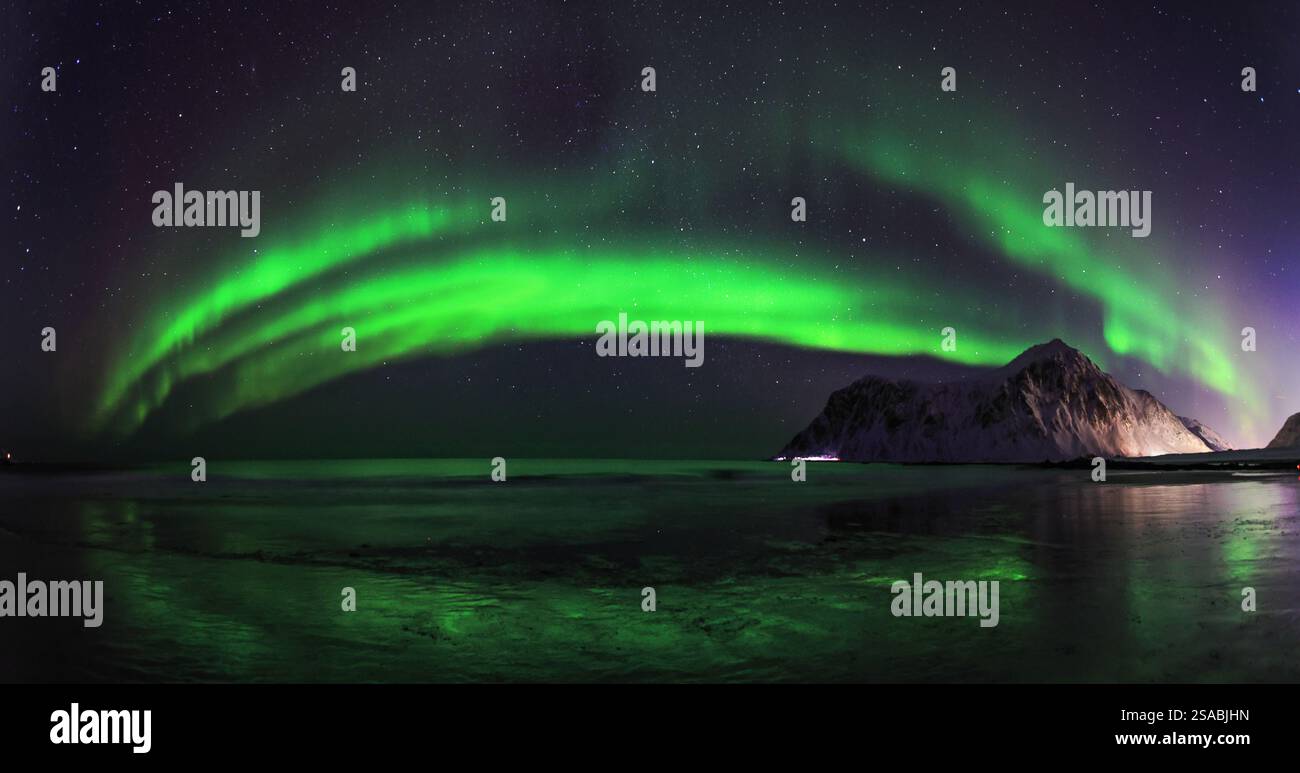 Northern Lights in the starry sky, Aurora Borealis over Skagsanden ...