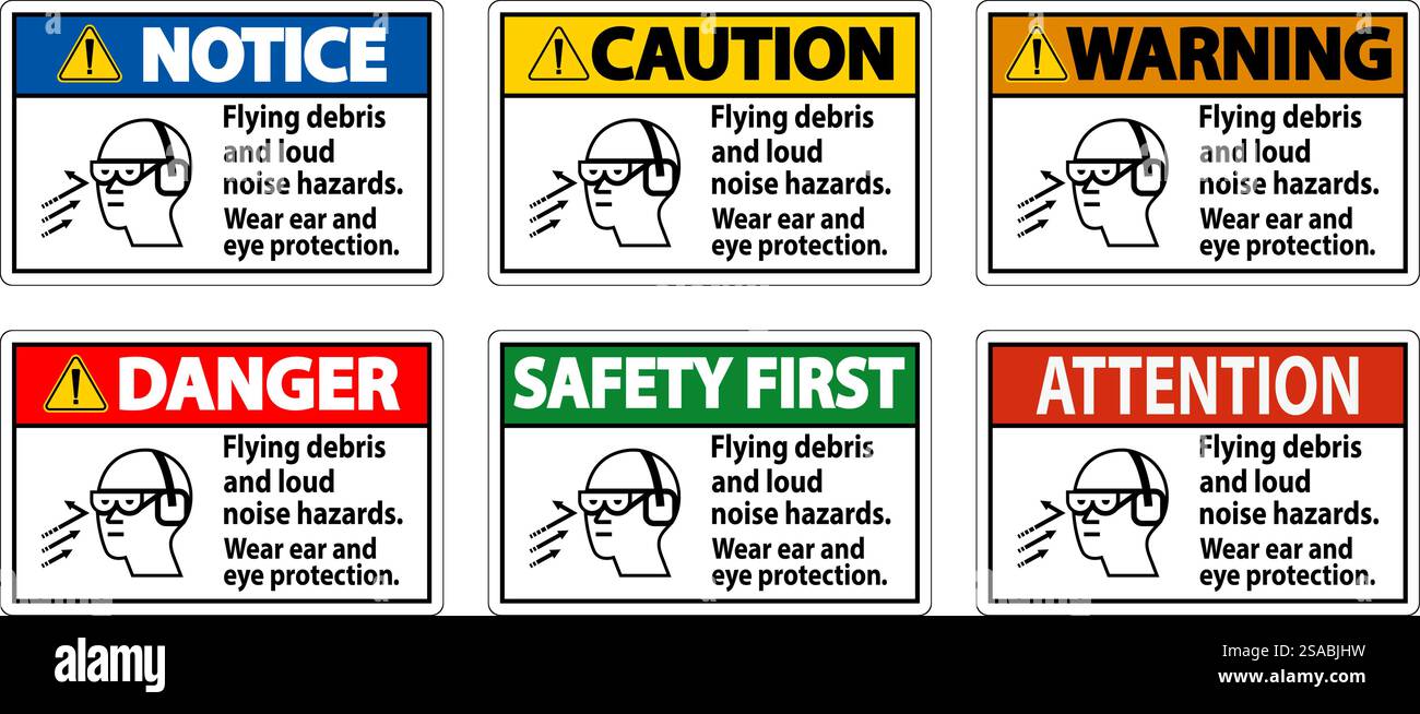 A warning sign depicting the necessity of wearing ear and eye ...