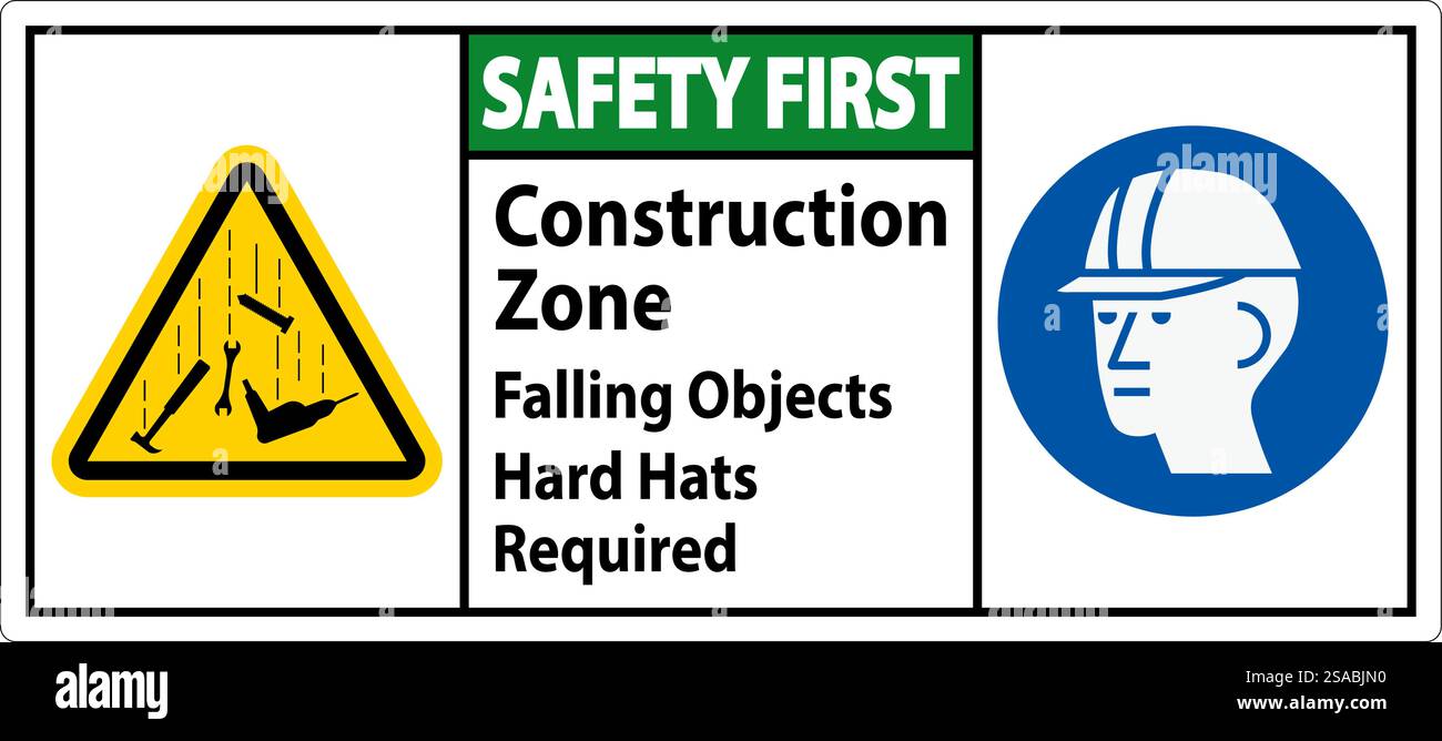 Safety First Sign, Construction Zone, Falling Objects Hard Hats Required Stock Vector Image ...