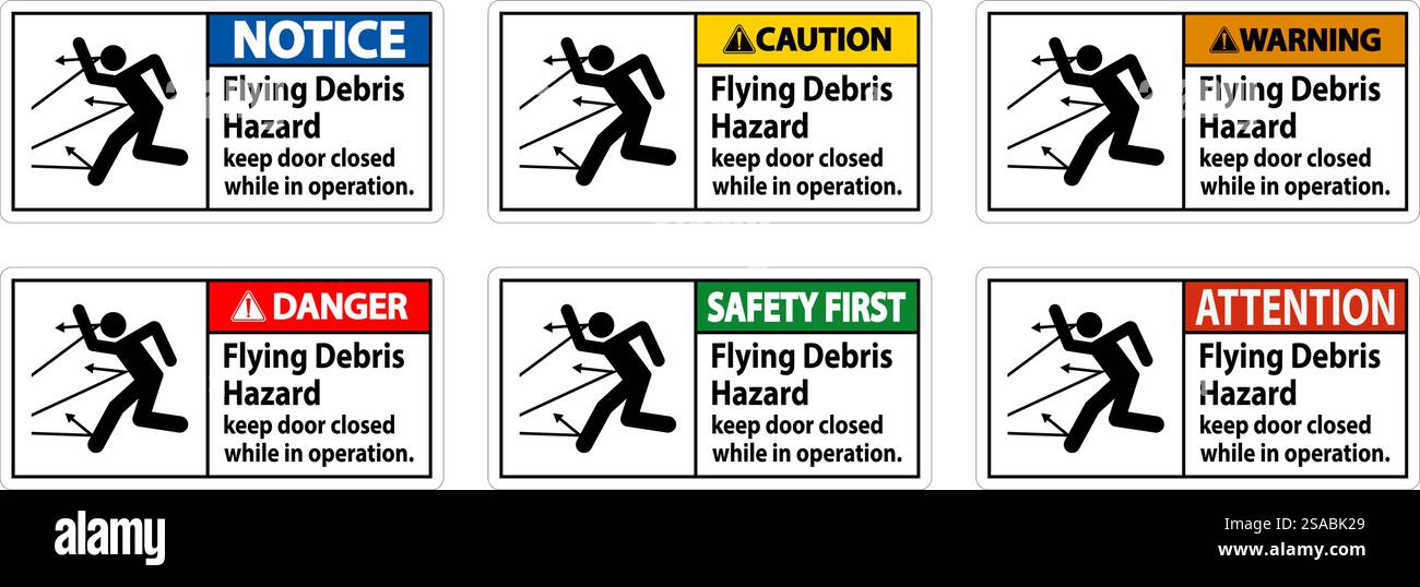 Warning sign indicating the risk of flying debris, advising to keep the ...