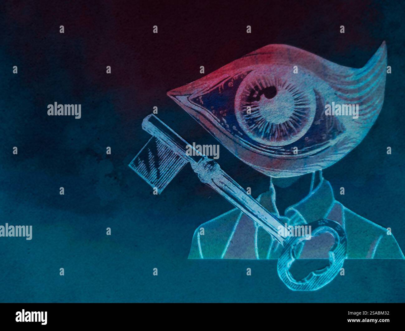 Conceotual collage art of a body with a big eye and a key symbolizing ...