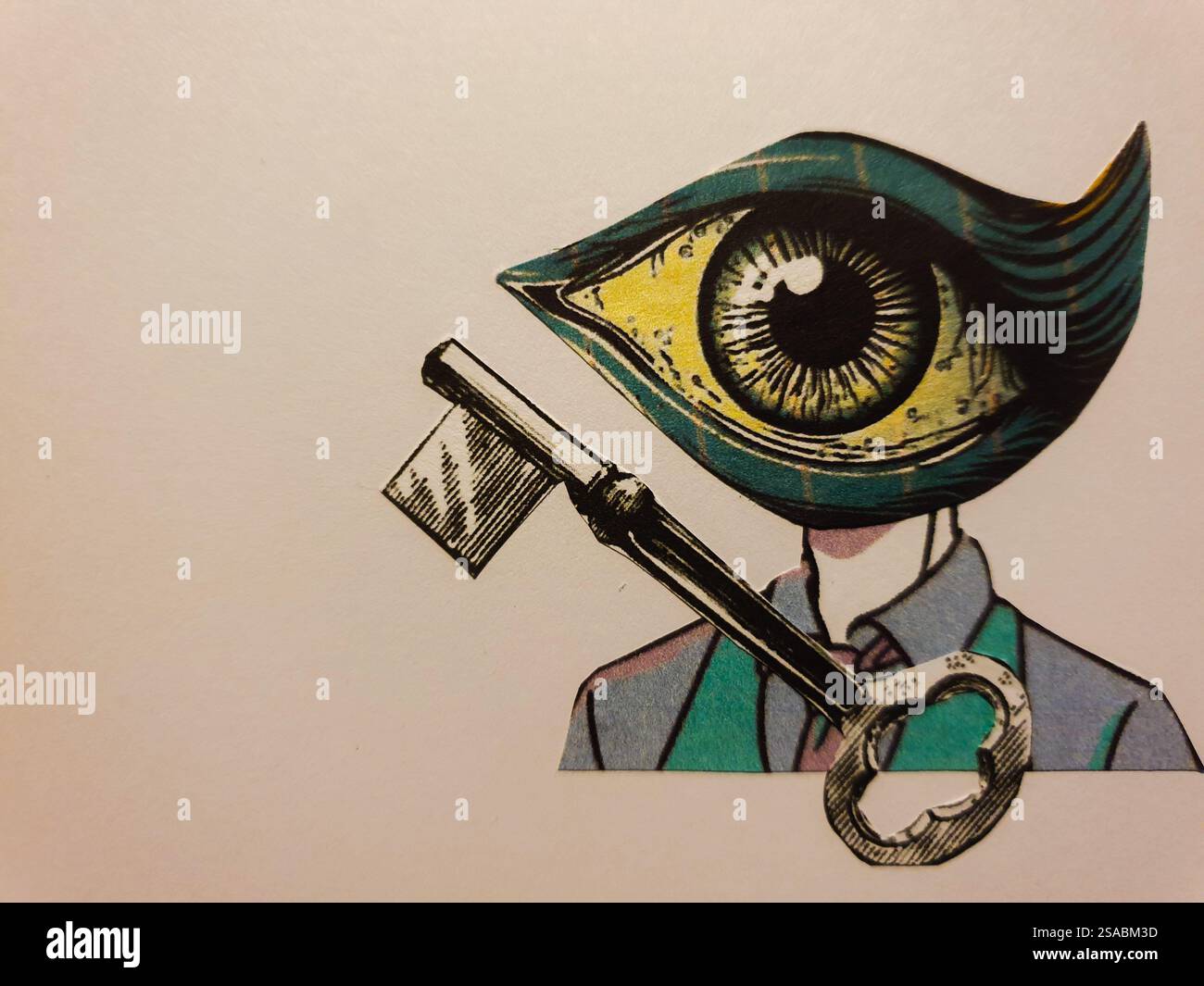 Conceotual collage art of a body with a big eye and a key symbolizing ...