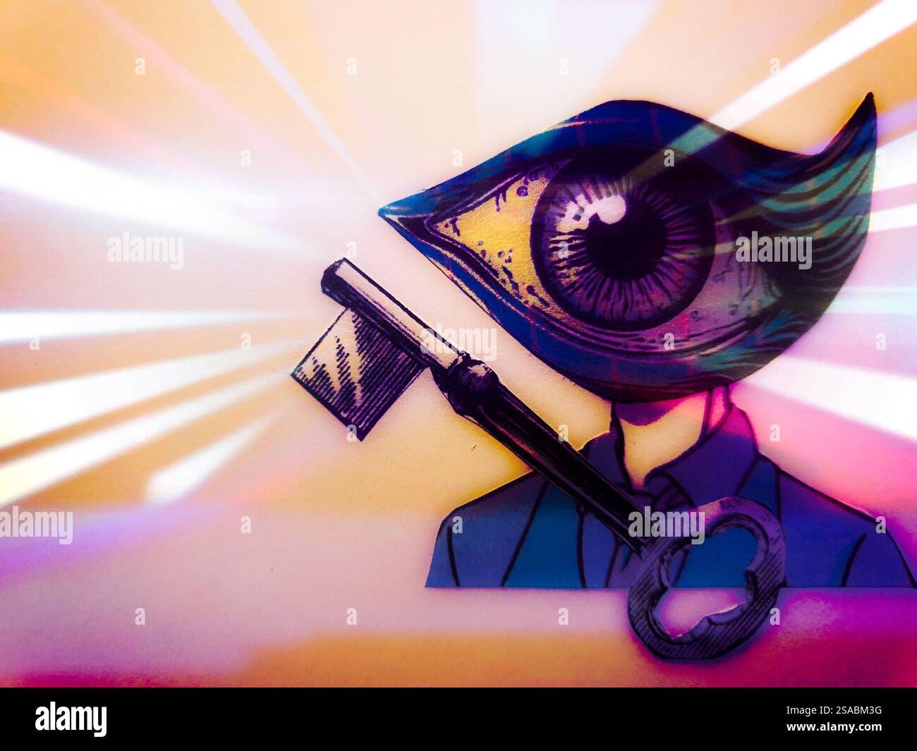 Conceotual collage art of a body with a big eye and a key symbolizing ...
