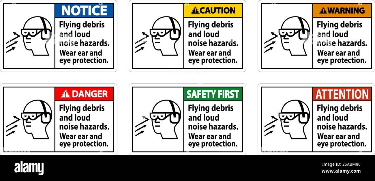A warning sign depicting the necessity of wearing ear and eye ...