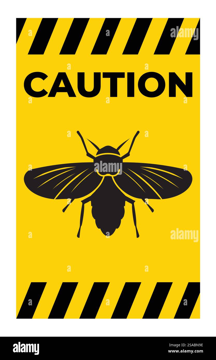 A striking caution sign featuring a bold insect illustration on a vivid ...