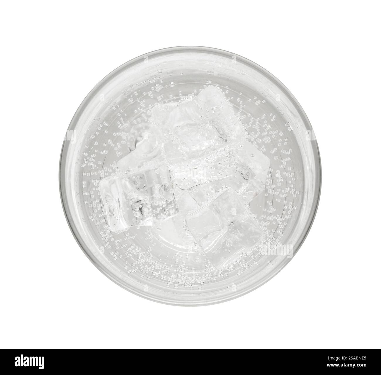 Soda water with ice cubes in glass isolated on white, top view Stock ...