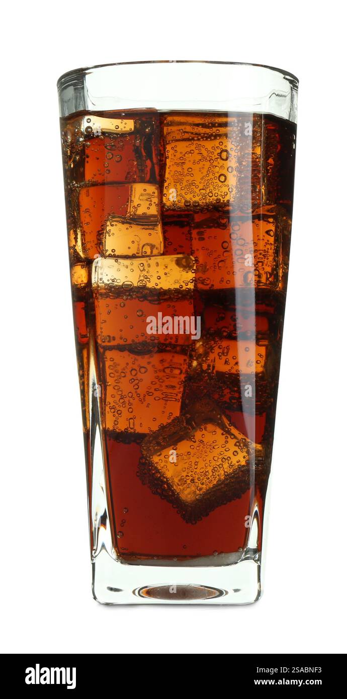Glass of refreshing sweet soda water with ice cubes isolated on white ...