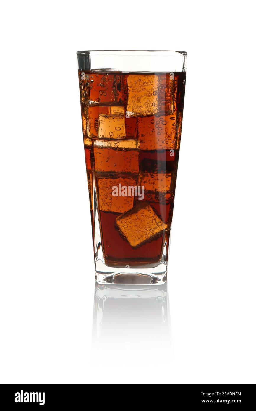 Glass of refreshing sweet soda water with ice cubes isolated on white ...