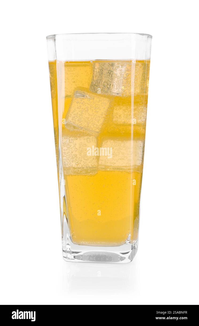 Sweet soda water with ice cubes in glass isolated on white Stock Photo ...