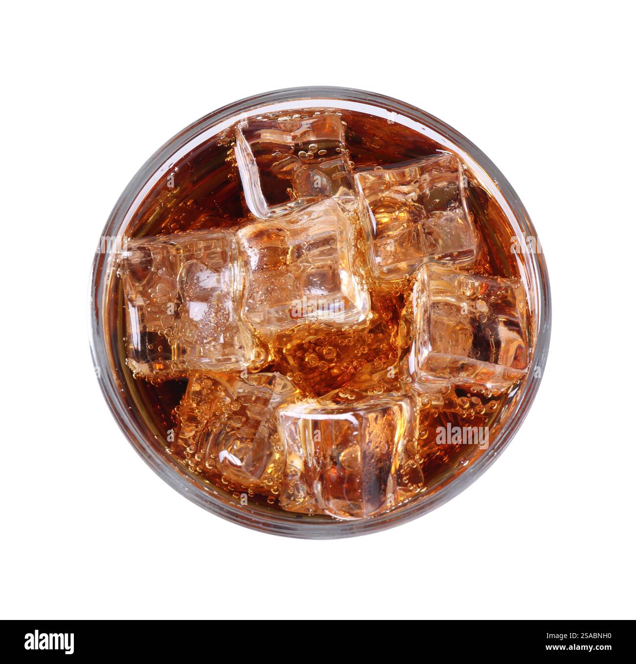Sweet soda water with ice cubes in glass isolated on white, top view ...