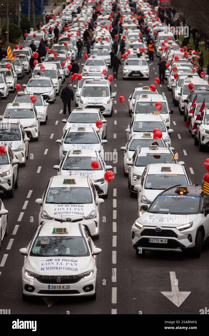 Madrid, Spain. 29th Jan, 2025. Taxi drivers with flags and red balloons ...
