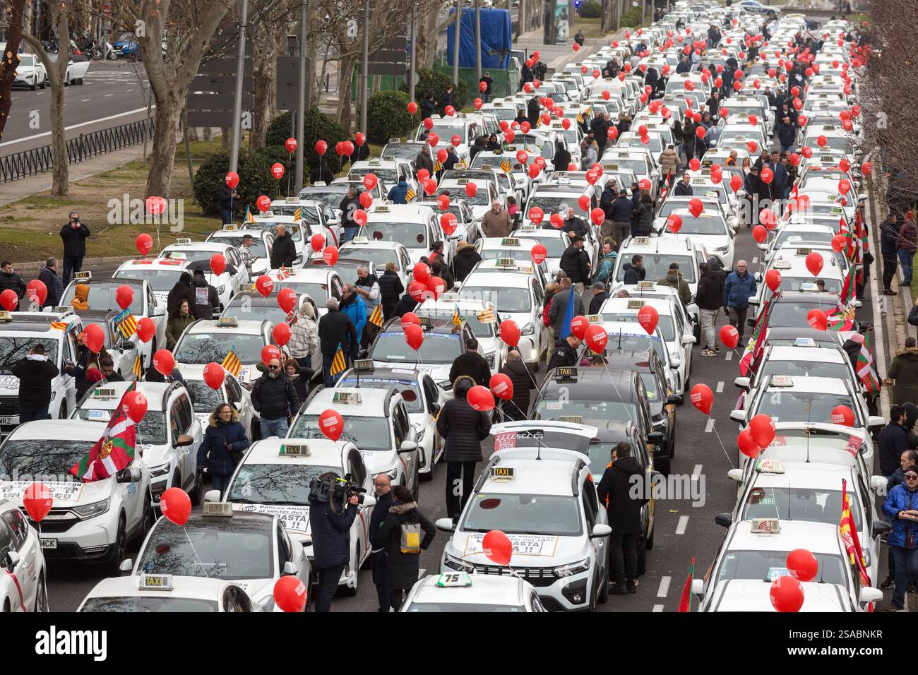 Madrid, Spain. 29th Jan, 2025. Taxi drivers with flags and red balloons ...