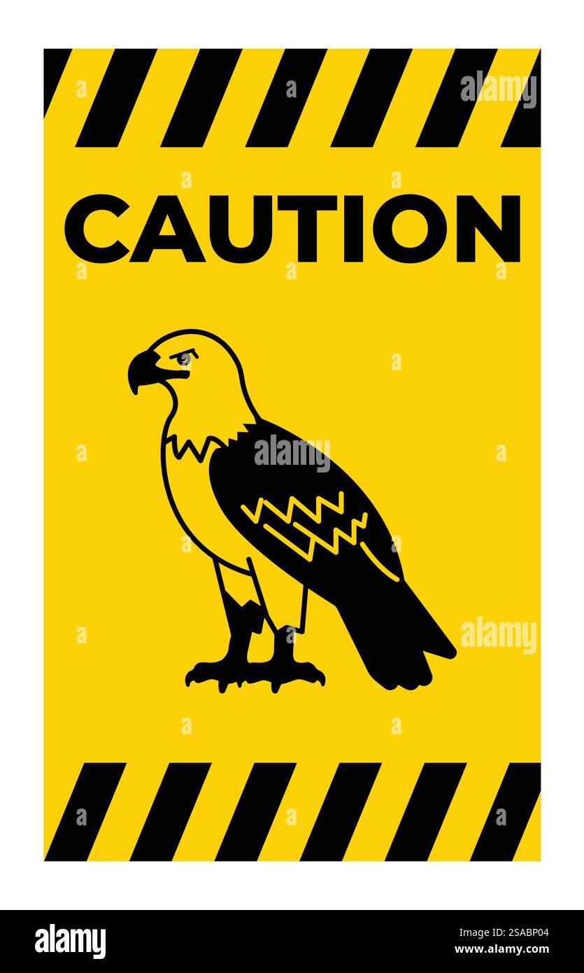 A bold caution sign with a stylized bird illustration on a striking ...