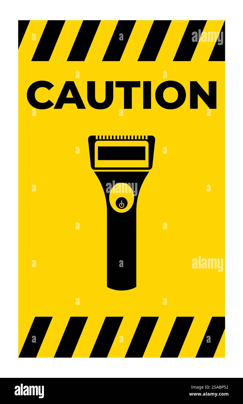 A caution sign featuring an electric razor silhouette on a bright ...