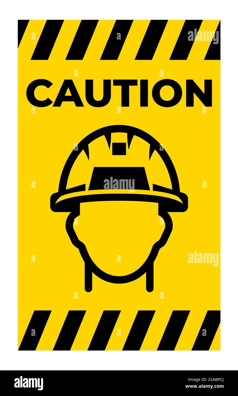 This image features a caution sign with a construction helmet icon ...