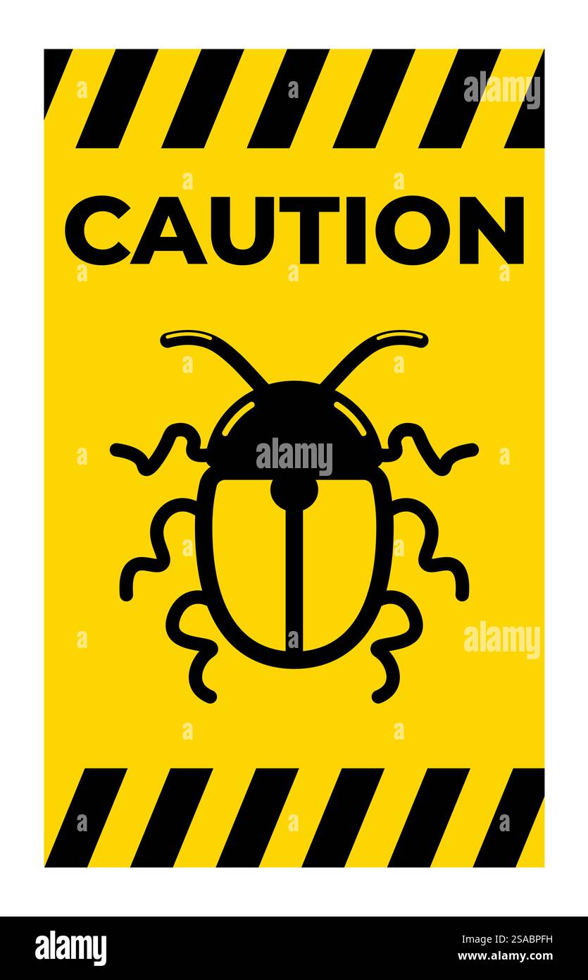 This vibrant caution sign features a bug illustration on a yellow ...